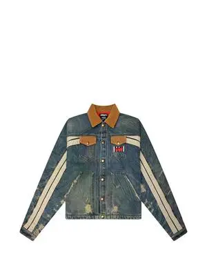 RIVINGTON ROI REBIS Distressed Corduroy-trim Denim Jacket - Blue