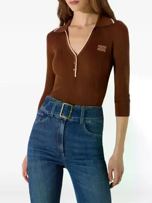Elisabetta Franchi Ribbed-knit Polo Shirt With Sailor Collar - Brown