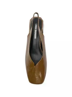 LINDA BAUMANN Patent Leather Slingback Pumps With Square Toe And Mid Block Heel - Brown