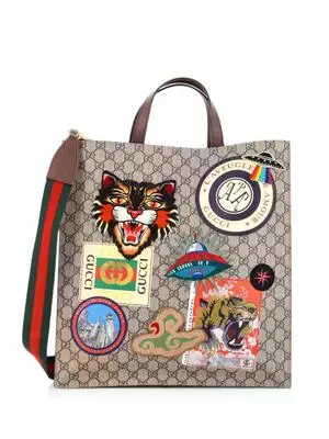 Gucci Gg Coated Canvas North South Tote Bag With Applique - Brown