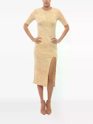 SAMSOE SAMSOE Beige Round Neck Short Sleeve Midi Dress With Front Slit - Neutrals
