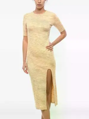 SAMSOE SAMSOE Beige Round Neck Short Sleeve Midi Dress With Front Slit