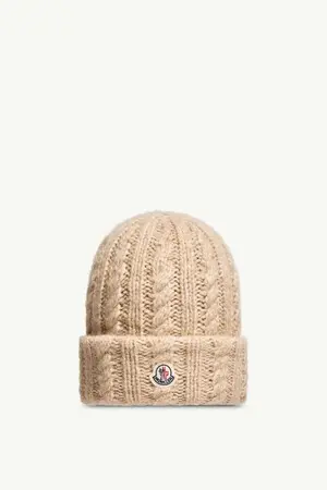 Moncler Cable Knit Wool Blend Beanie - Beige