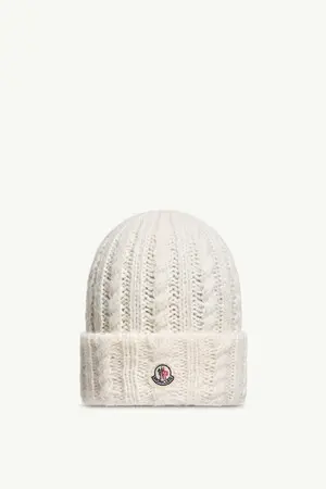 Moncler Cable Knit Wool Blend Beanie - White