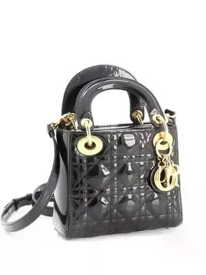 Dior Lady Bag Cannage Quilt Patent Mini Satchel - Black