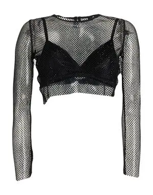 Elisabetta Franchi Fishnet Crystal Embellished Crewneck Long Sleeve Top