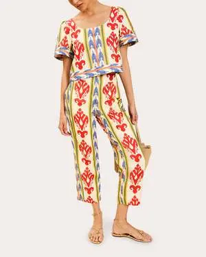 Mestiza New York Maldives Ikat Print Puff Sleeve Crop Top In Cotton-linen Blend - Multicolor