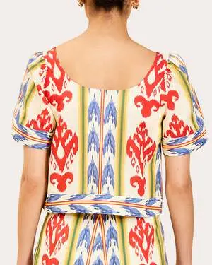 Mestiza New York Maldives Ikat Print Puff Sleeve Crop Top In Cotton-linen Blend