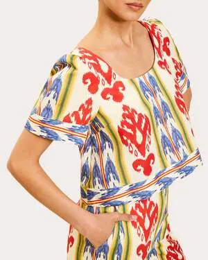 Mestiza New York Maldives Ikat Print Puff Sleeve Crop Top In Cotton-linen Blend
