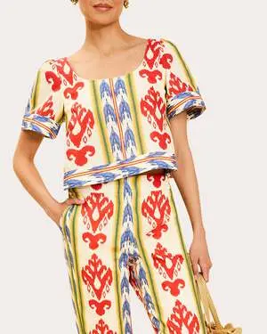 Mestiza New York Maldives Ikat Print Puff Sleeve Crop Top In Cotton-linen Blend
