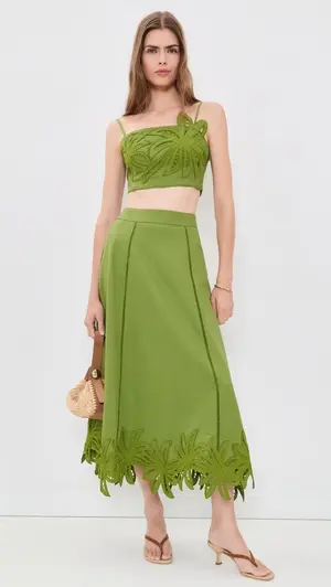 English Factory Palm Tree Embroidered Linen Blend Top