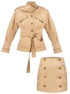 TIA DORRAINE Neutrals Oversized Belted Trench Jacket & Mini Skirt Set - Beige
