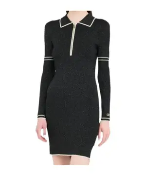 Liu Jo Ribbed Knit Polo Collar Zip Dress With Striped Sleeves