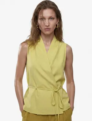 Koton Linen Blend Halter Neck Wrap Blouse With Tie
