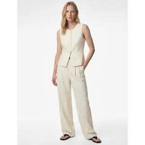 Koton Pinstripe Wide Leg Trousers With Belt - White
