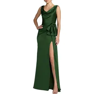 Mac Duggal Sleeveless Cowl Neck Gown With Statement Bow Detail And High Slit - Emerald