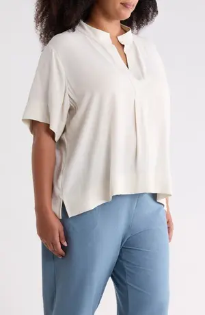 Eileen Fisher Split Neck Silk Short Sleeve Top - Plstr