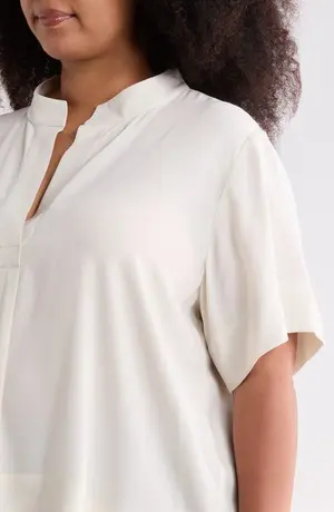 Eileen Fisher Split Neck Silk Short Sleeve Top - Plstr