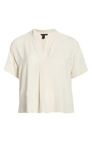 Eileen Fisher Split Neck Silk Short Sleeve Top - Plstr