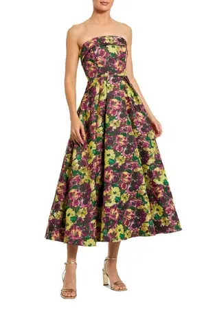 Mac Duggal Strapless Brocade A-line Midi Dress - Plum Multi