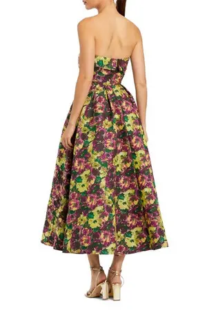 Mac Duggal Strapless Floral Brocade A-line Midi Dress