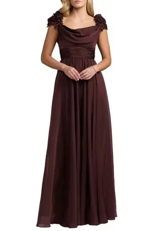 Mac Duggal Chiffon Cowl Neck Embellished Cap Sleeve Gown - Amethyst