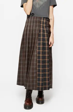 DISTURBIA Pleated Check Buckle Maxi Skirt