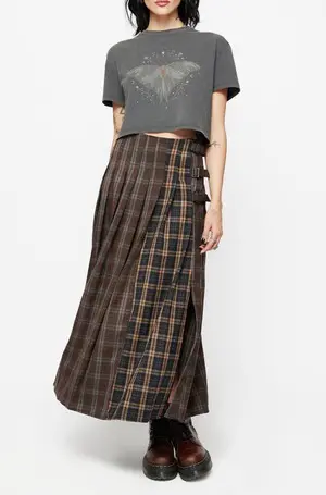 DISTURBIA Pleated Check Buckle Maxi Skirt