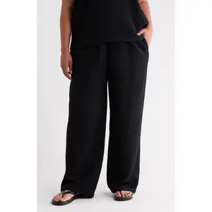 Eileen Fisher Crinkled Organic Cotton Drawstring Pants - Black