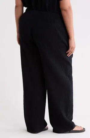 Eileen Fisher Crinkled Organic Cotton Drawstring Wide Leg Pants - Black