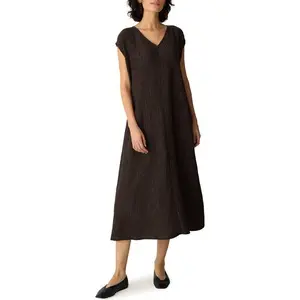 Eileen Fisher V-neck Crinkle Midi Dress - Truffle