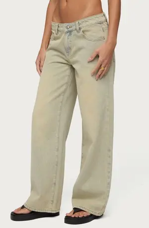 EDIKTED Raelynn Washed Low Rise Baggy Wide Leg Jeans - Lagoon-blue
