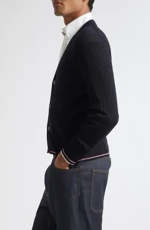 Thom Browne Rib Stitch Stretch Wool V-neck Cardigan