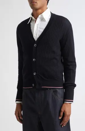 Thom Browne Rib Stitch Stretch Wool V-neck Cardigan