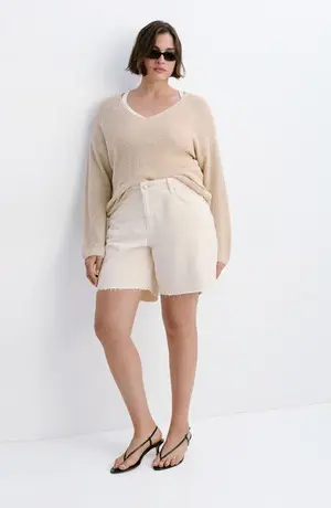 Mango Low Rise Straight Leg Denim Bermuda Shorts - Ecru