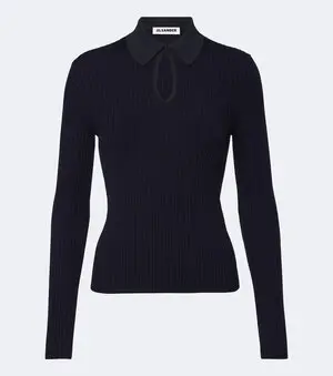 JIL SANDER Cutout Ribbed-knit Wool Polo Sweater - Blue