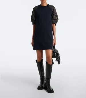 Sacai Cotton Mini Dress With Nylon Sleeves
