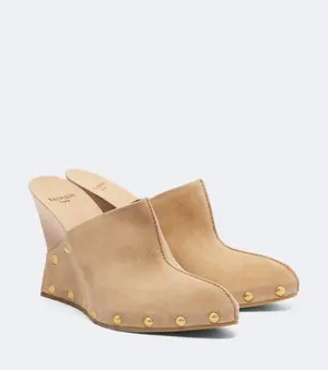 Balmain Suede Wedge Clogs - Beige