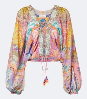 Camilla Embellished Lace-up Silk Blouse - Multicoloured