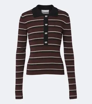GANNI Striped Wool Polo Sweater - Brown