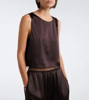 LESET Lace-trimmed Satin Crop Top - Brown