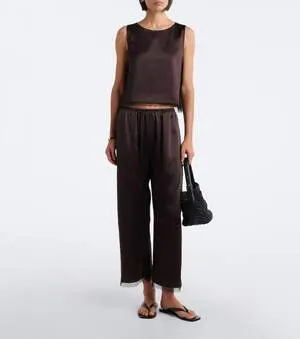 LESET Lace-trimmed Satin Crop Top - Brown