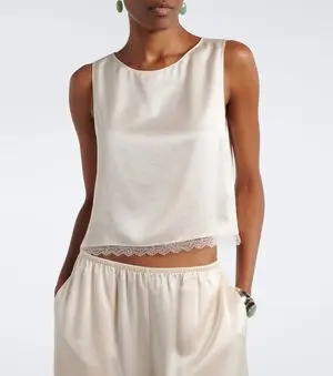 LESET Lace-trimmed Satin Crop Top - White