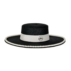 GIODORO Black / White Ixonio Iconic Black Canotier Straw Pearl Hat - Black/white
