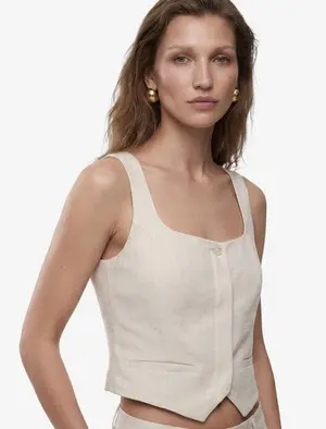 Koton Linen Blend Square Collar Crop Vest - Beige