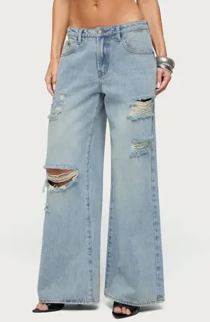 EDIKTED Distressed Low Rise Baggy Jeans - Light-blue-washed