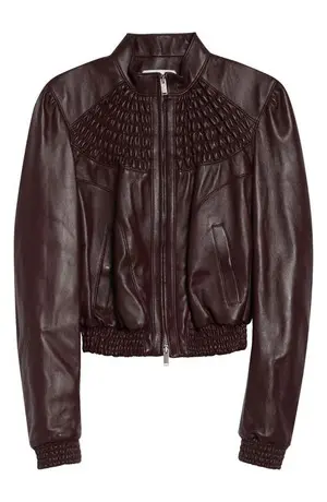 Alexander McQueen Smocked Lambskin Leather Bomber Jacket