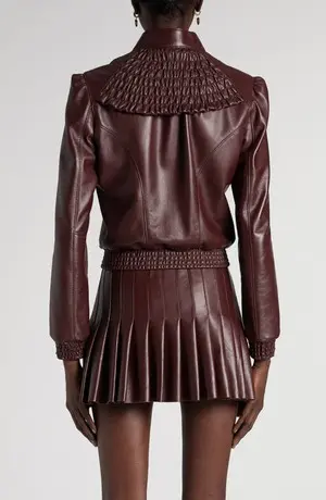Alexander McQueen Smocked Lambskin Leather Bomber Jacket