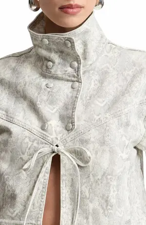 Avec Les Filles Double-breasted Cropped Short-sleeved Jacket With Stand Collar And Front Tie