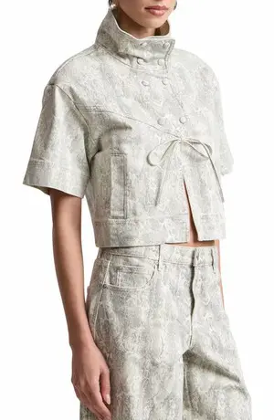 Avec Les Filles Double-breasted Cropped Short-sleeved Jacket With Stand Collar And Front Tie